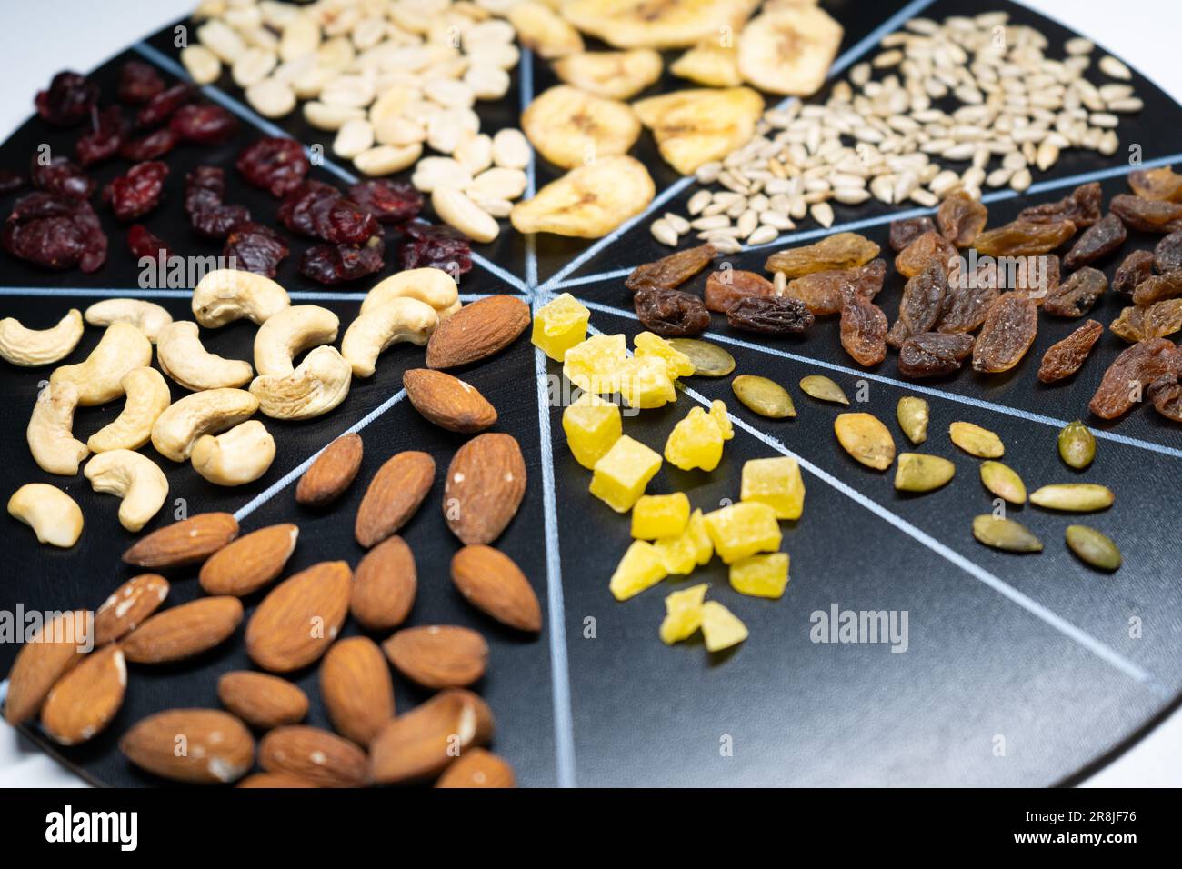 Different nuts and fruits lay in sector diagram on black plate. Top ...