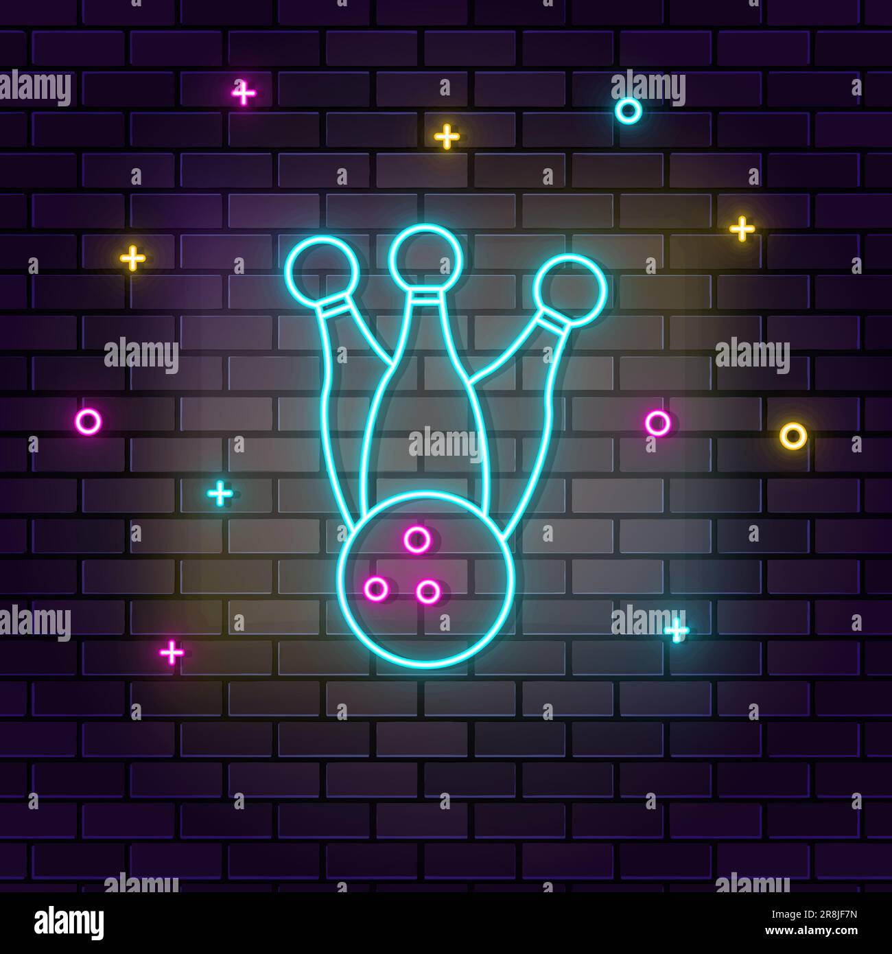 Bowling pins ball retro neon on wall. Dark background brick wall neon ...