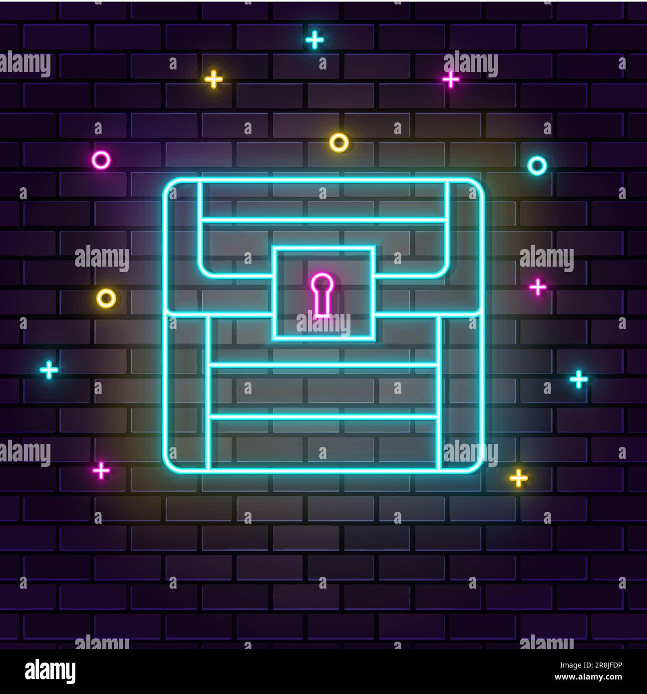 Treasure chest pirate retro neon on wall. Dark background brick wall ...
