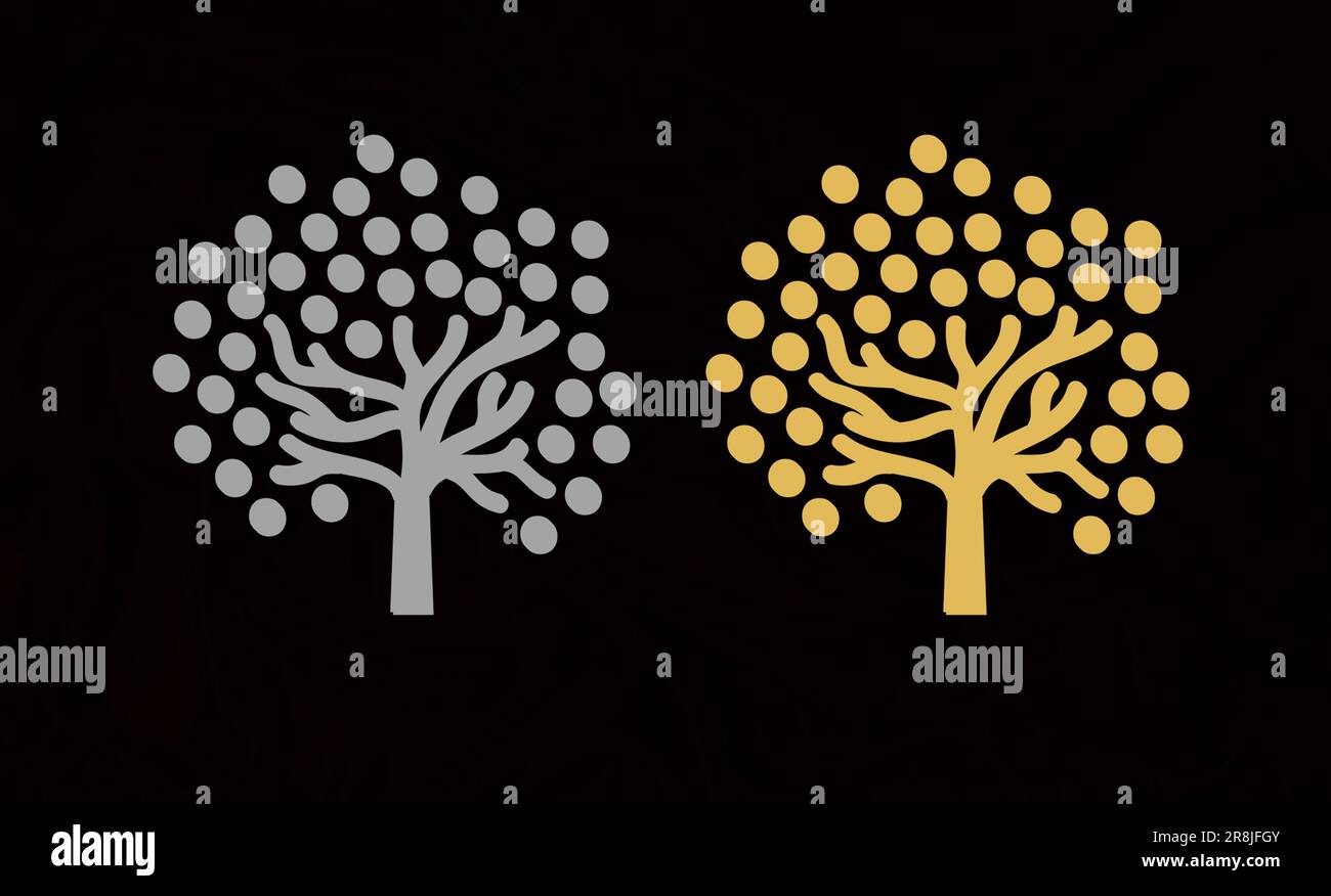 A digital illustration of spotted gold and silver trees on a black ...