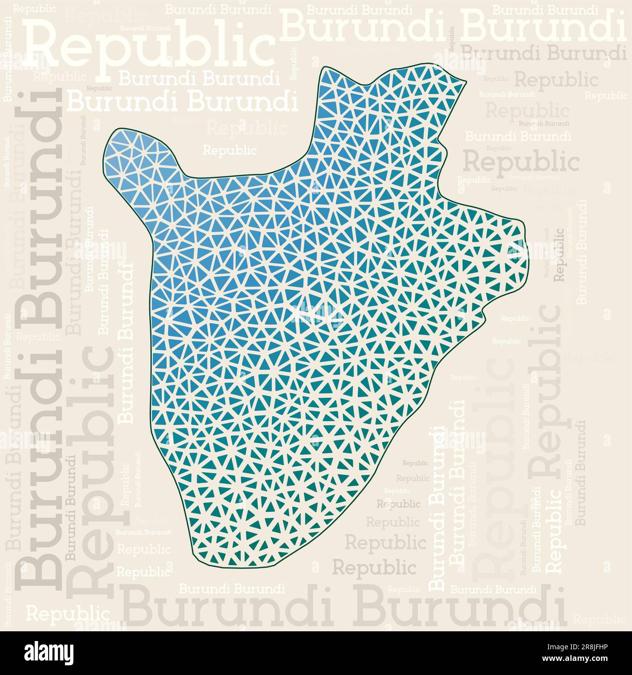 BURUNDI map design. Country names in different languages and map shape ...