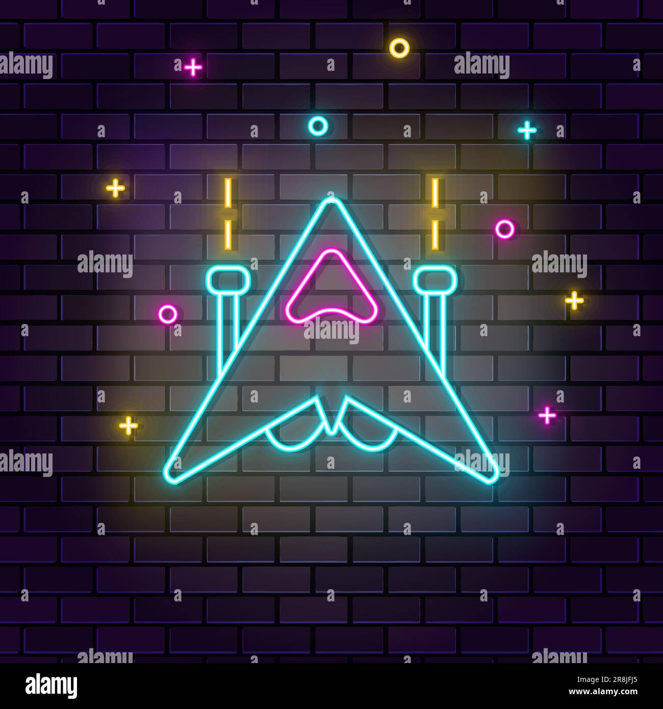Rocked ship spacecraft retro neon on wall. Dark background brick wall ...