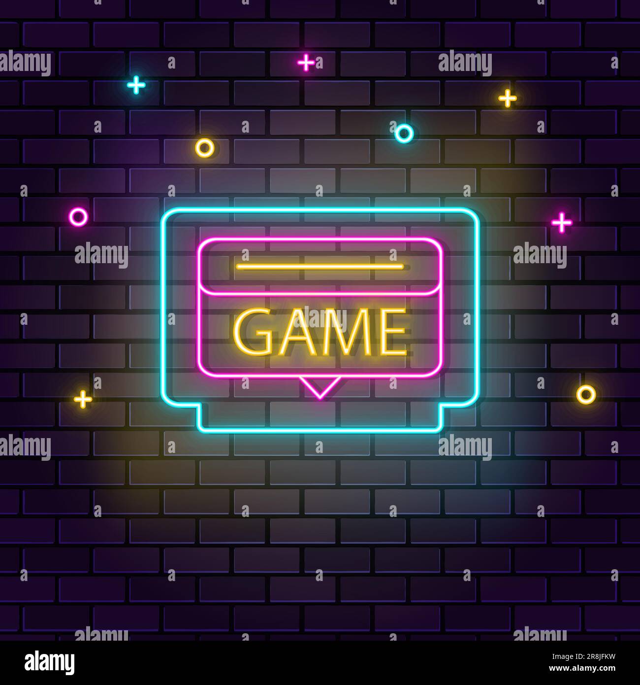 Game cartridge retro arcade neon on wall. Dark background brick wall ...