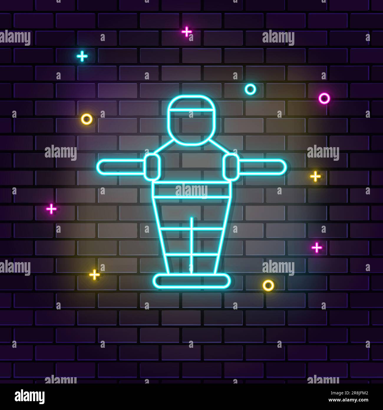 Table football game retro arcade neon on wall. Dark background brick ...