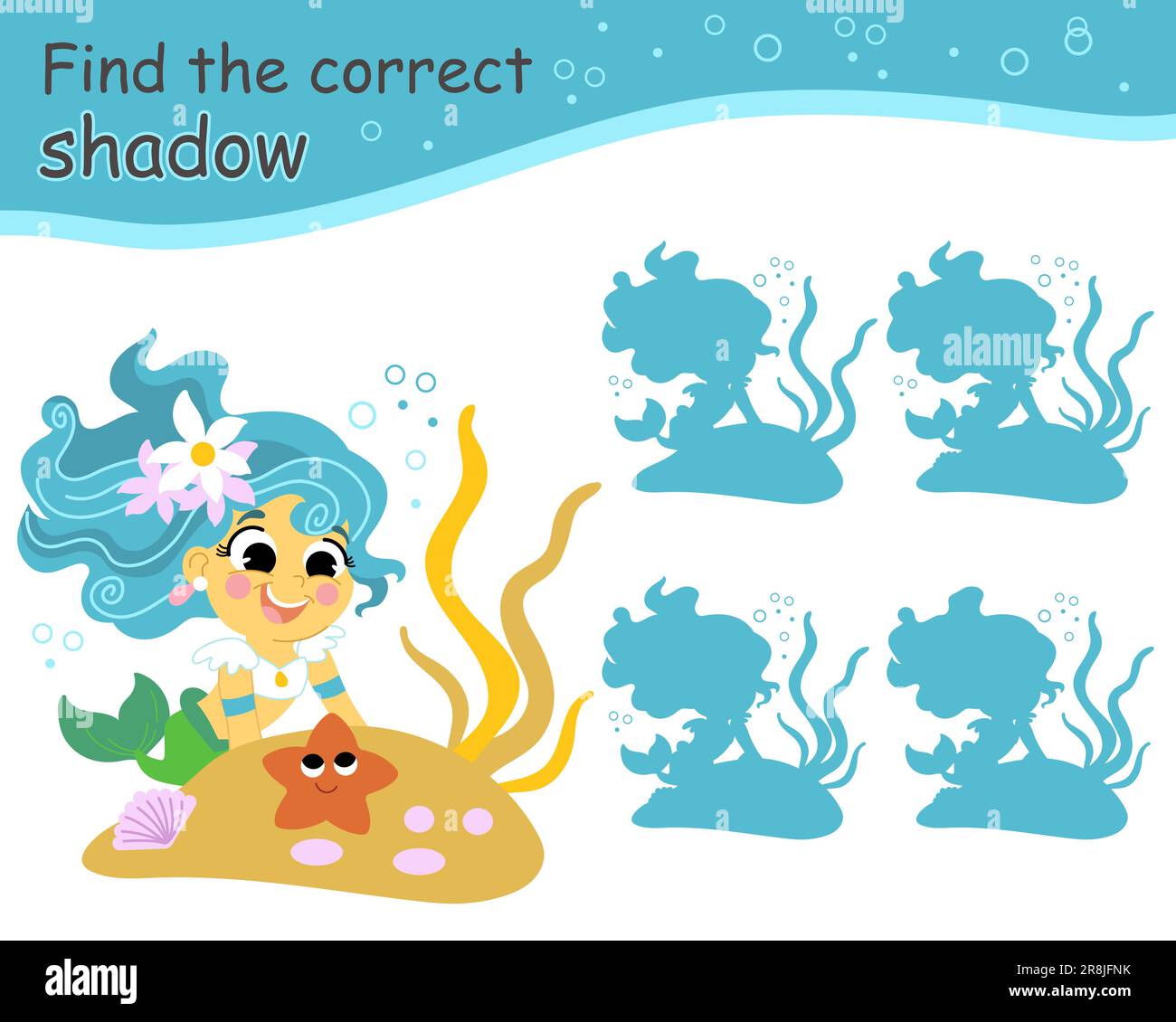 Find the correct shadow. Cute mermaid with a starfish vector ...