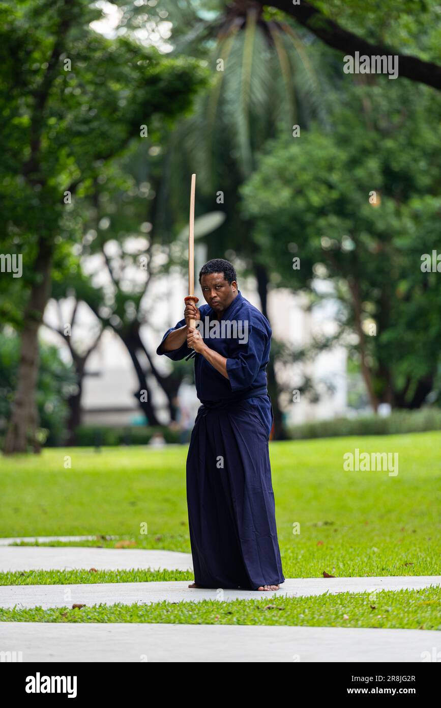Portrait of handsome black martial artist man with martial arts costume ...