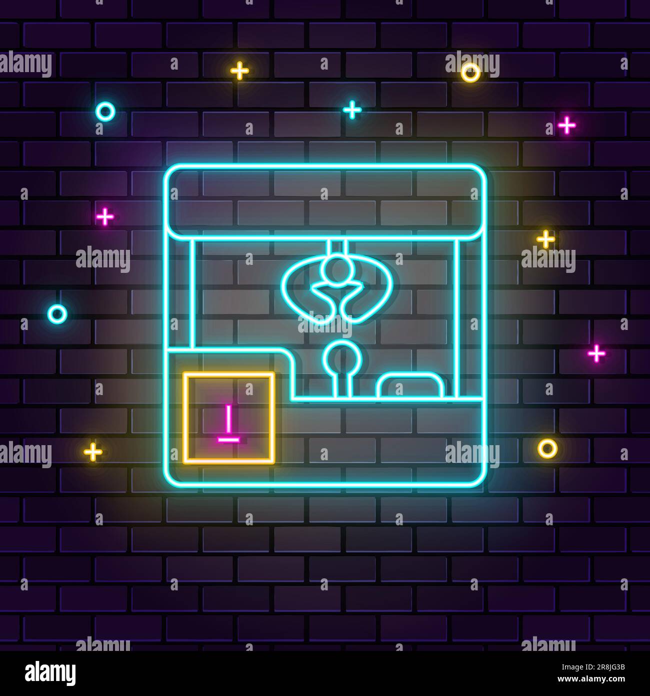 Claw machine game retro neon on wall. Dark background brick wall neon ...