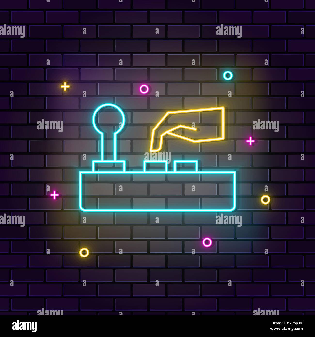 Arcade joystick game neon on wall. Dark background brick wall neon icon ...