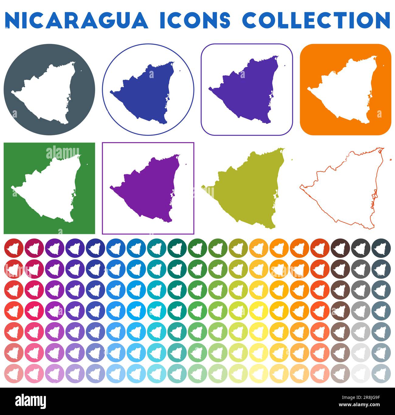 Nicaragua icons collection. Bright colourful trendy map icons. Modern ...