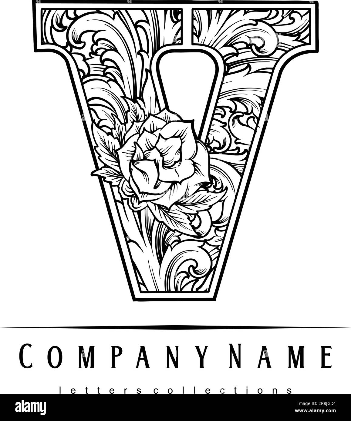 Luxury initial v letter vintage flourish logo ornament monochrome ...
