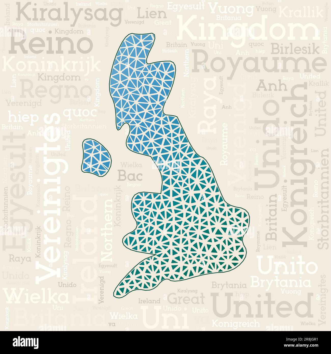UNITED KINGDOM map design. Country names in different languages and map ...