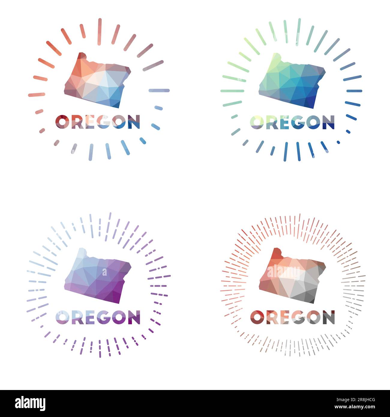 Oregon low poly sunburst set. Logo of US state in geometric polygonal ...