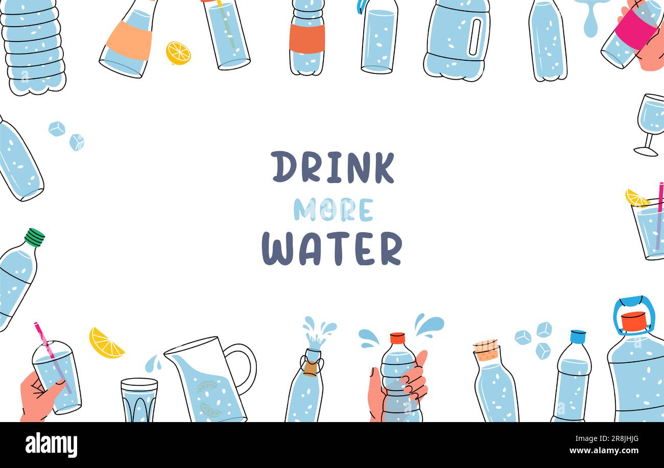 Water bottle sketches in horizontal banner. Plastic bottles line ...