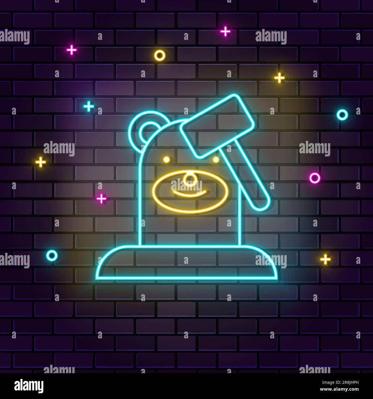 Mole game whack retro arcade neon on wall. Dark background brick wall ...