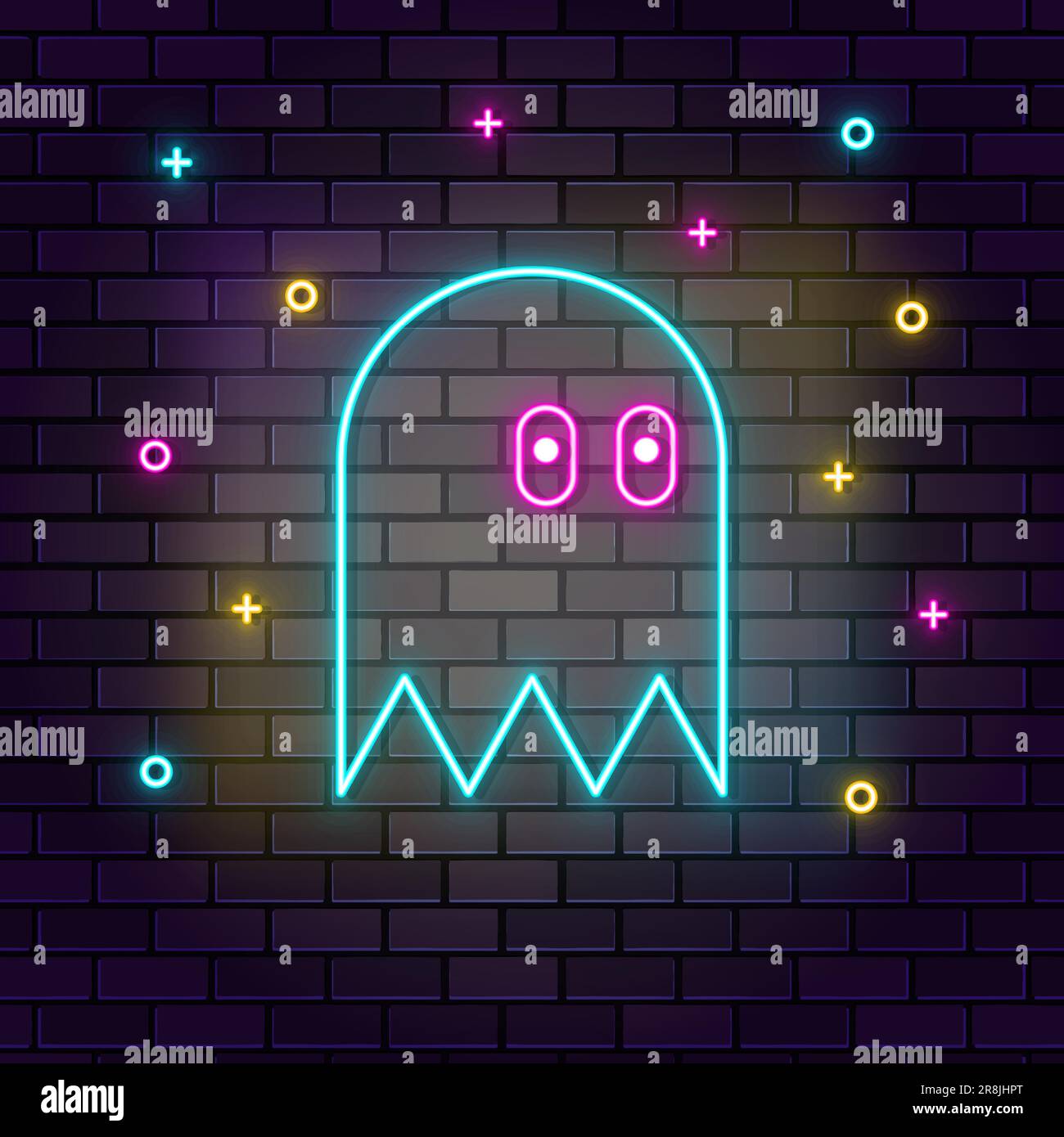 Game character retro arcade neon on wall. Dark background brick wall ...