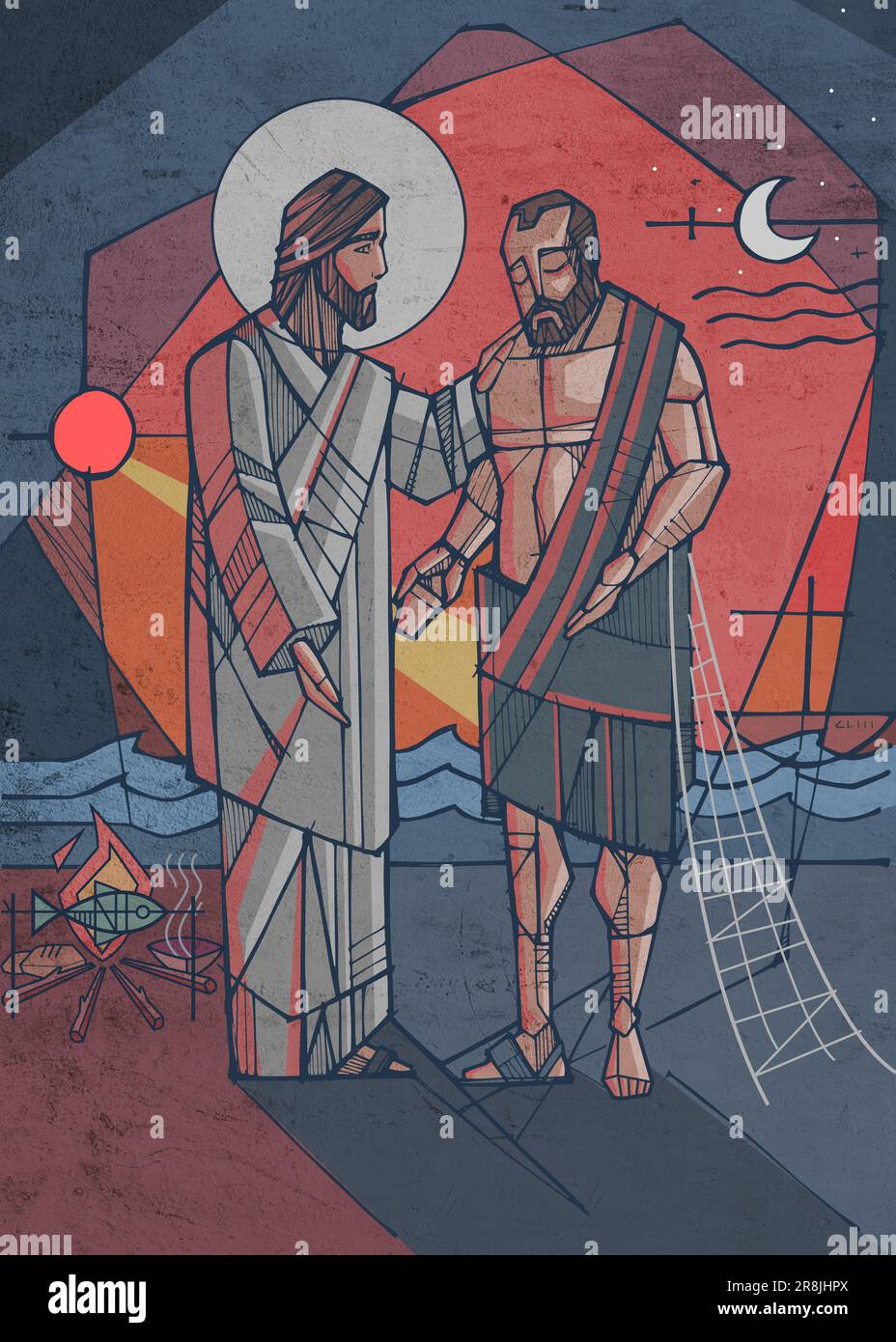 Hand drawn vector illustration or drawing of Jesus and Peter Stock ...
