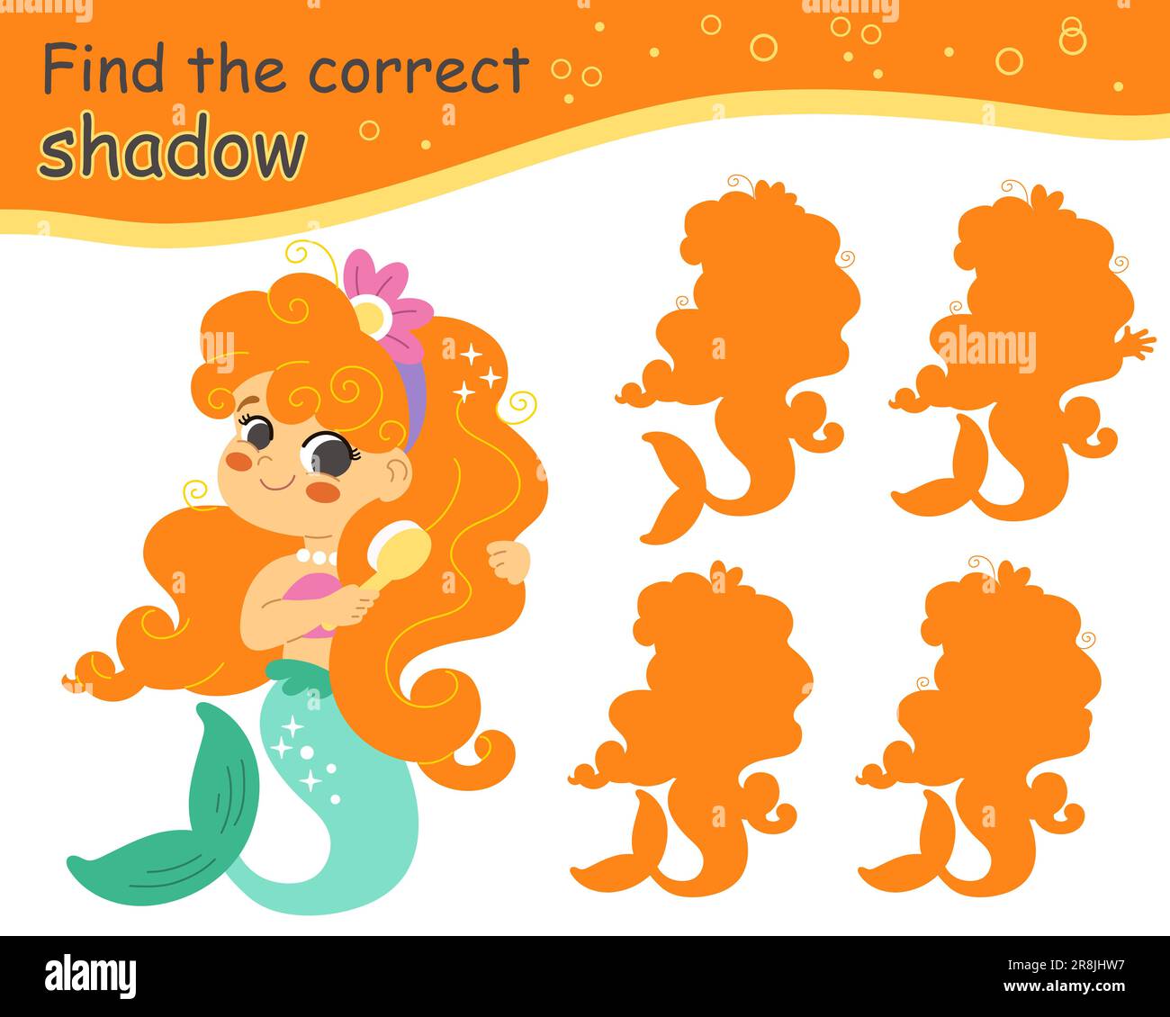 Find the correct shadow. Cute mermaid brush her ginger hair ...