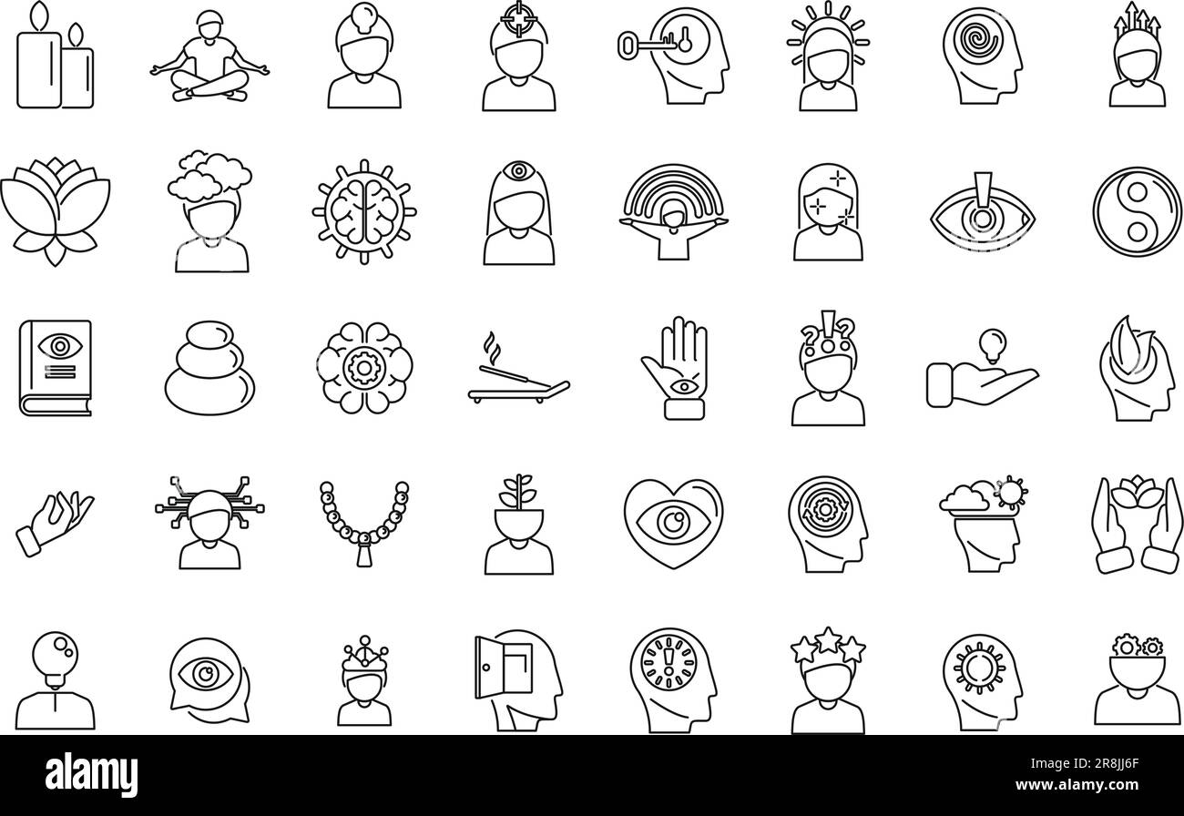 Mindfulness icons set outline vector. Mind relax. Peace human Stock ...