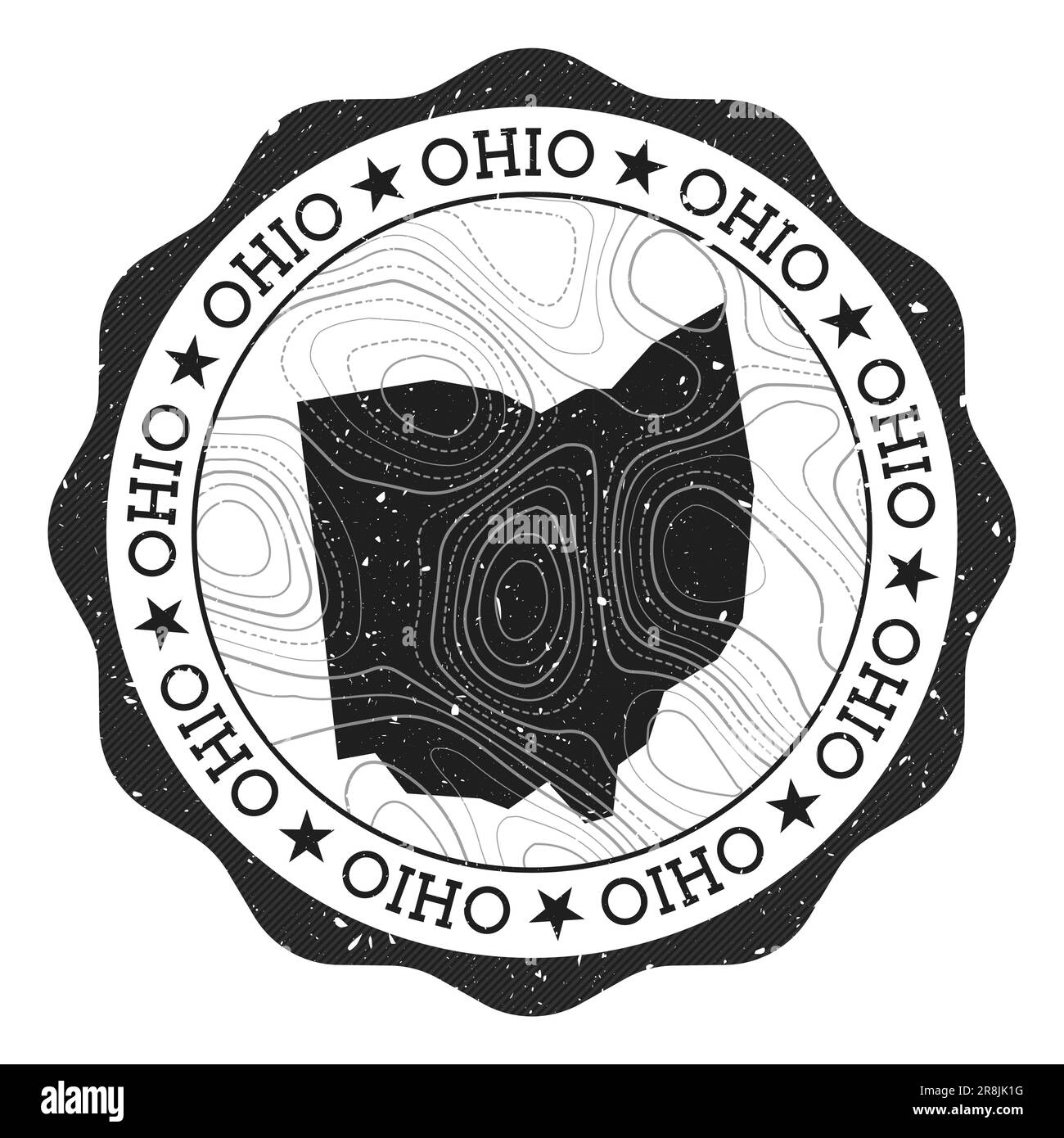 Ohio outdoor stamp. Round sticker with map of US state with topographic ...