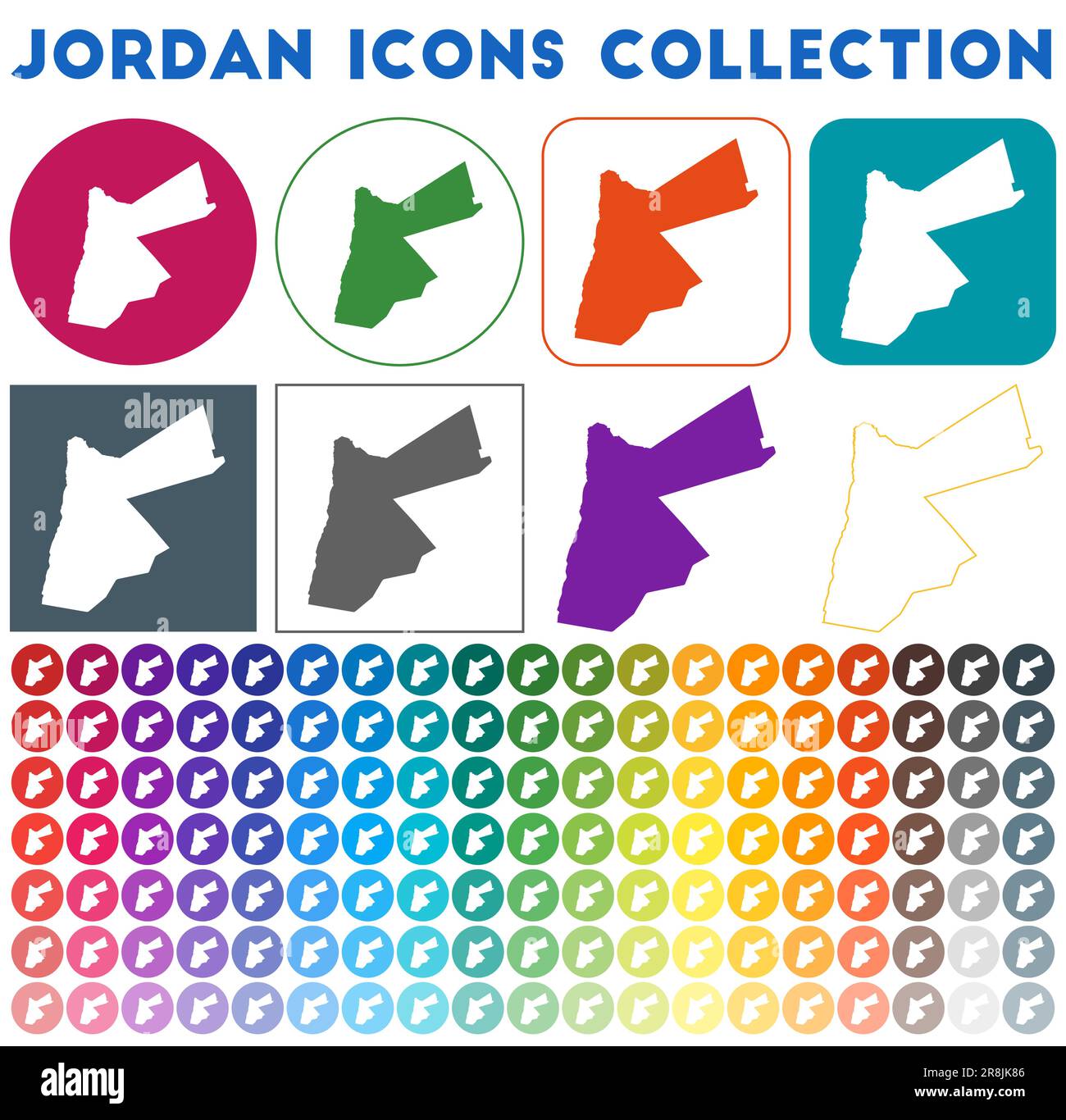 Jordan icons collection. Bright colorful trendy map icons. Modern Jordan badge with country map ...