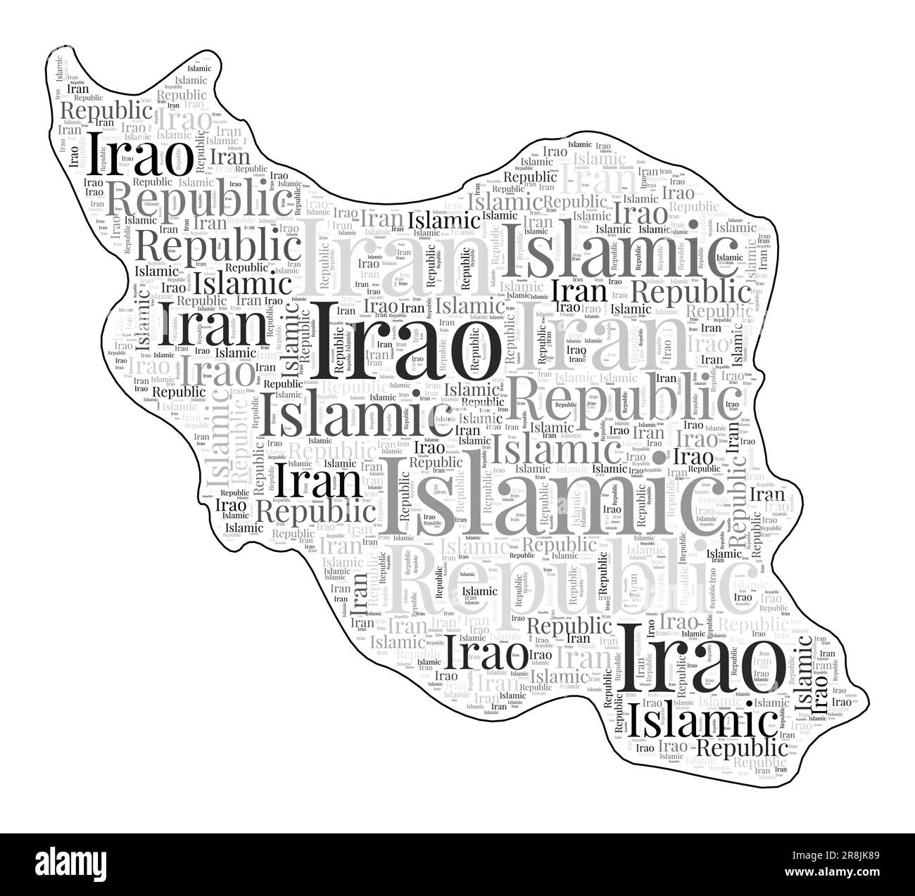 Iran shape filled with country name in many languages. Iran map in word ...