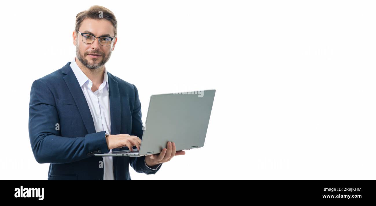 Business man using laptop. Male business man worker watch video on ...