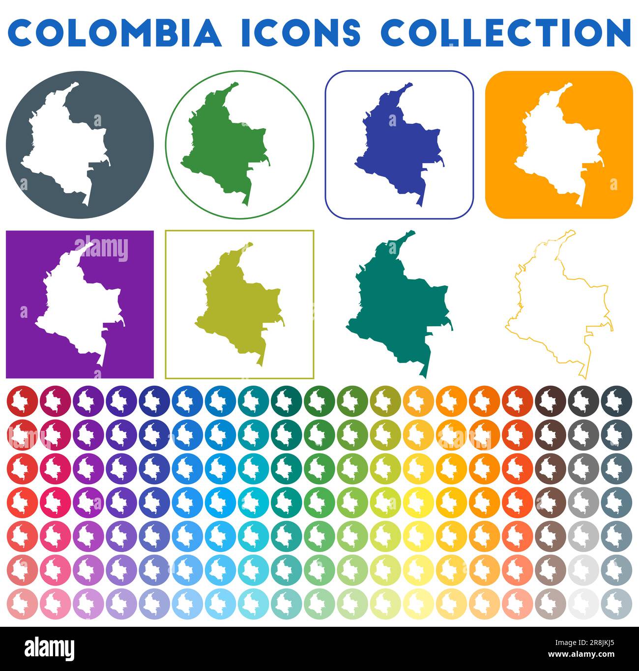 Colombia icons collection. Bright colorful trendy map icons. Modern Colombia badge with country ...