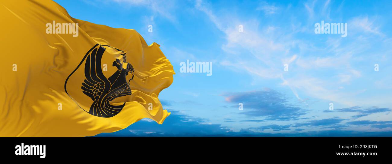 flag of Hellenic peoples Pontic Greeks at cloudy sky background ...