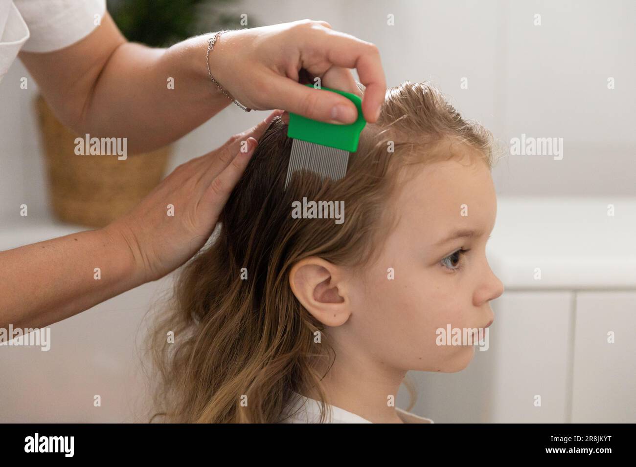 A woman helps to get rid of lice and parasites on the head of a little ...