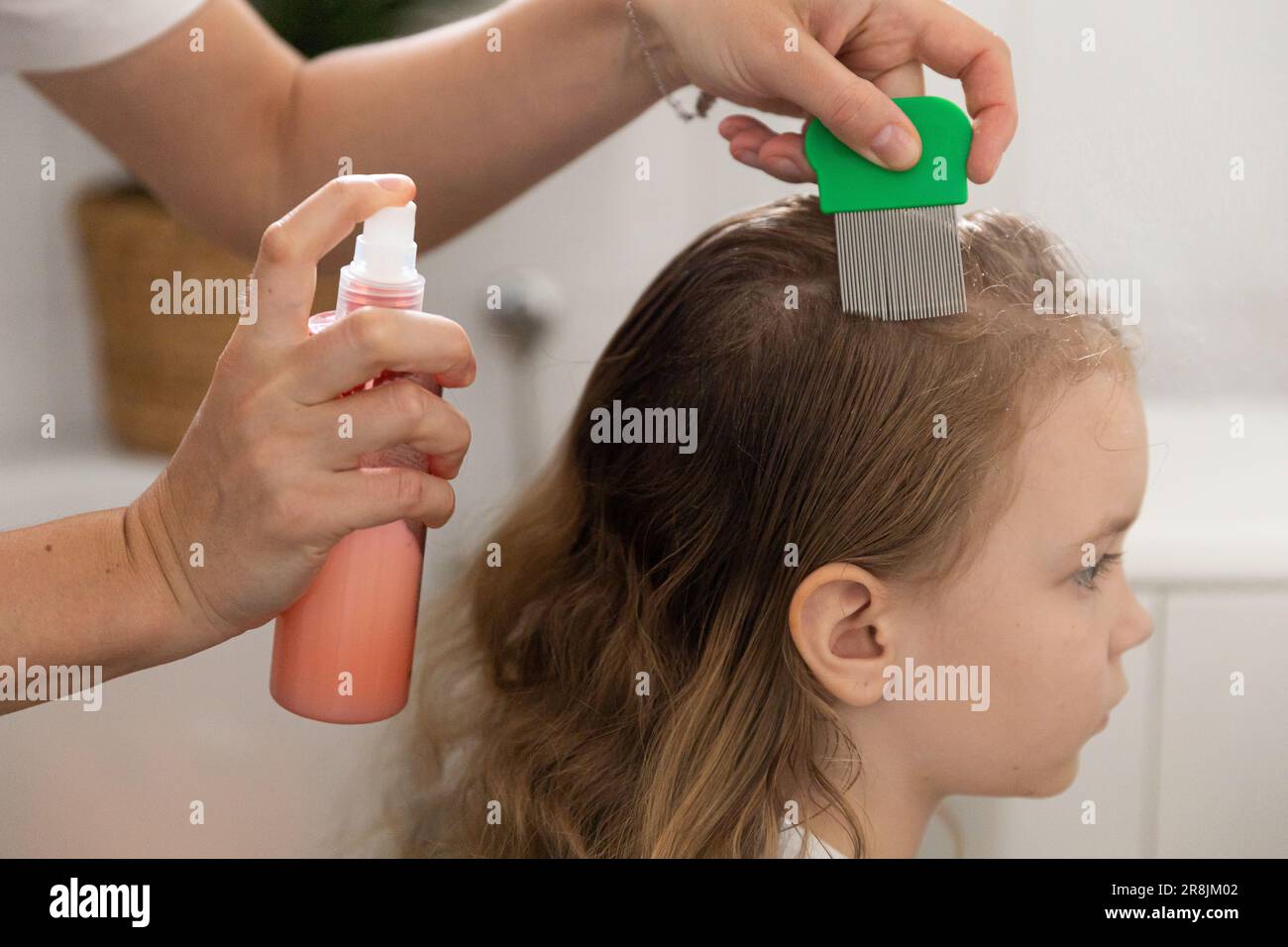 A woman helps to get rid of lice and parasites on the head of a little ...