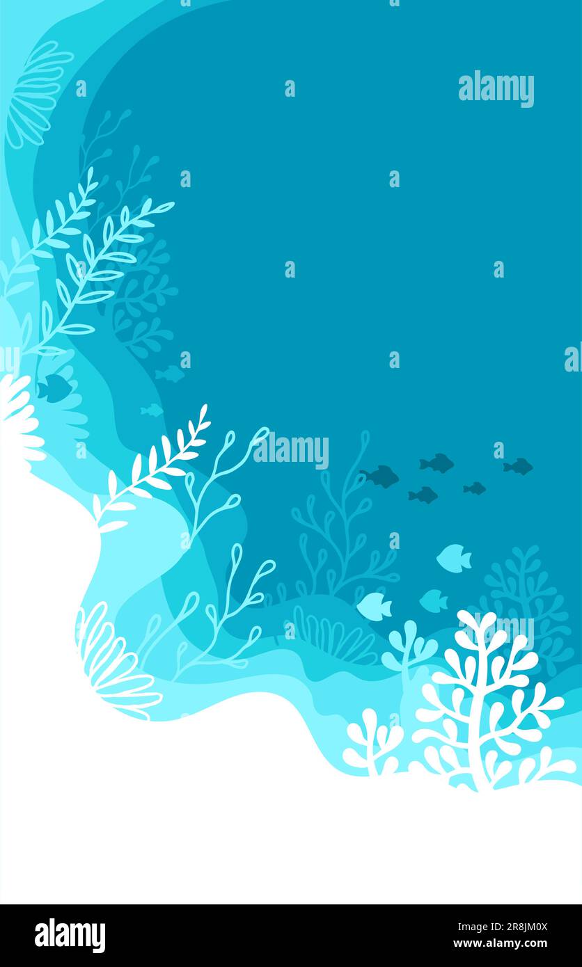 Illustration of background in a blue palette colours. Underwater marine ...