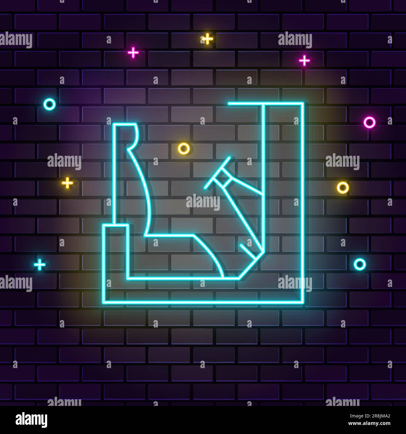 Seat racing game controller neon on wall. Dark background brick wall ...