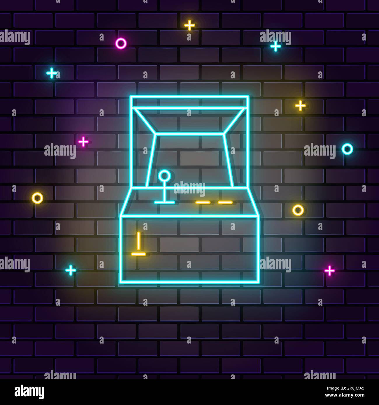Console retro game arcade neon on wall. Dark background brick wall neon ...