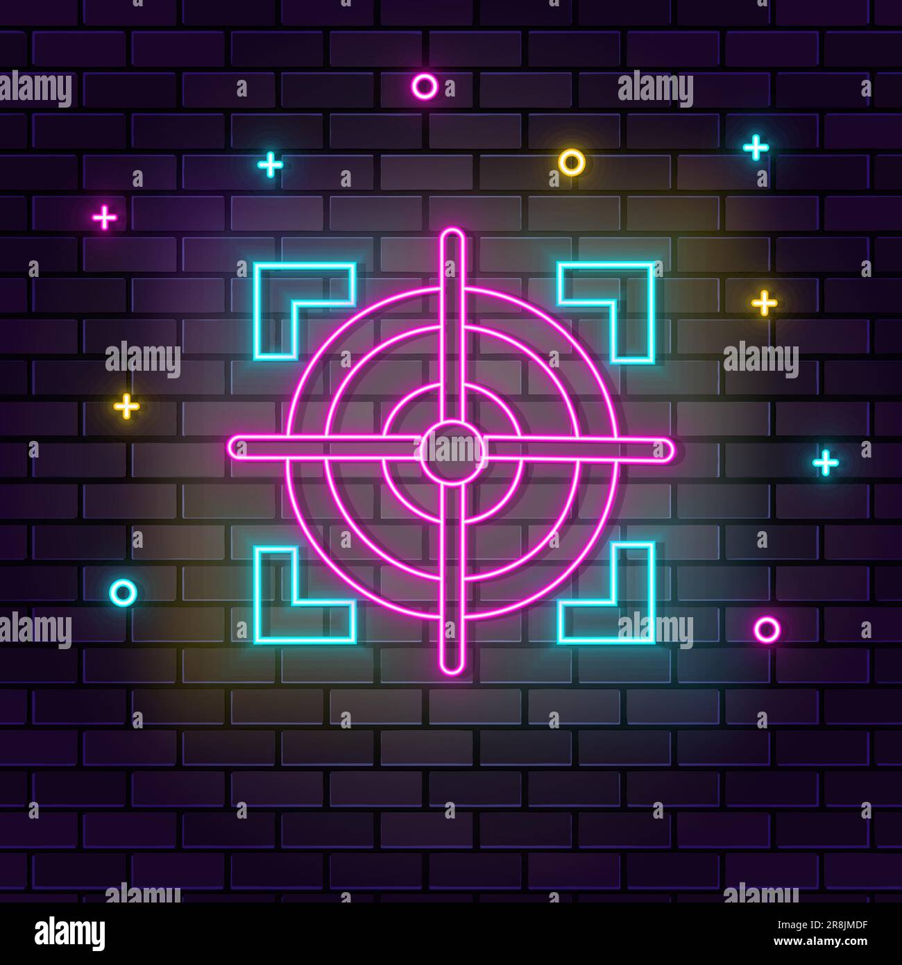 Target sniper objective neon on wall. Dark background brick wall neon ...