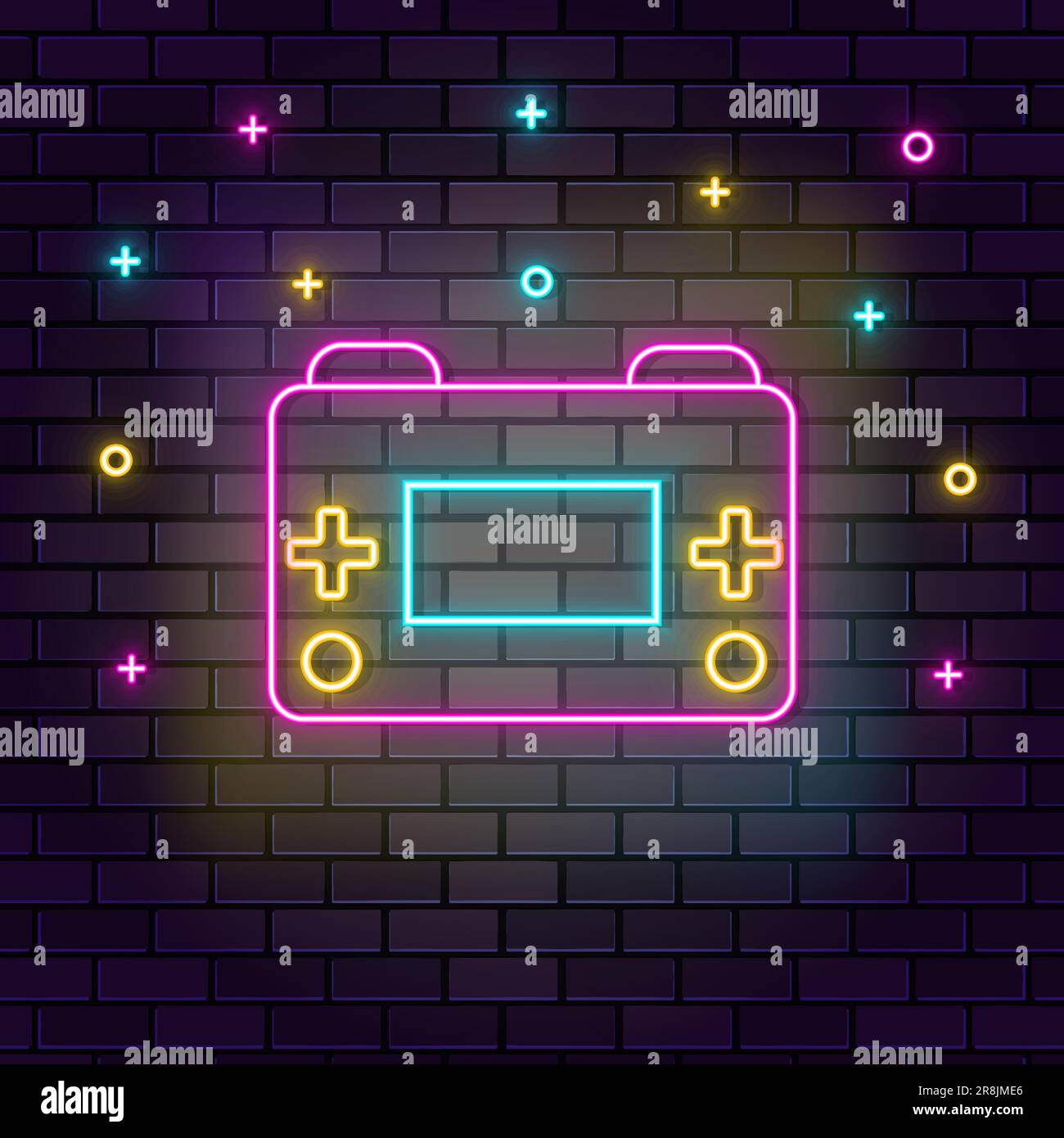 Retro arcade game console neon on wall. Dark background brick wall neon ...