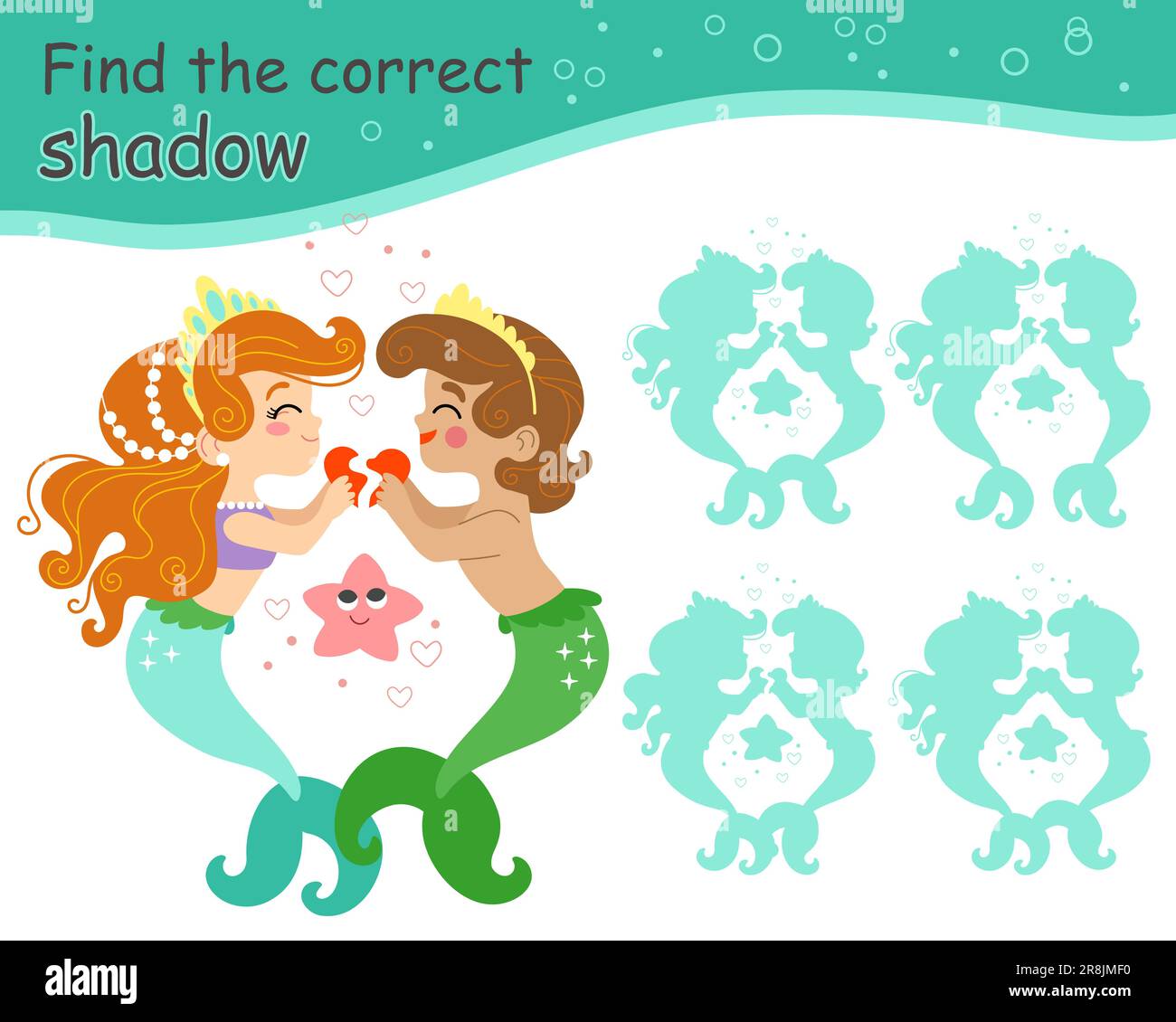 Find the correct shadow. Cute mermaids falling in love. Educational ...
