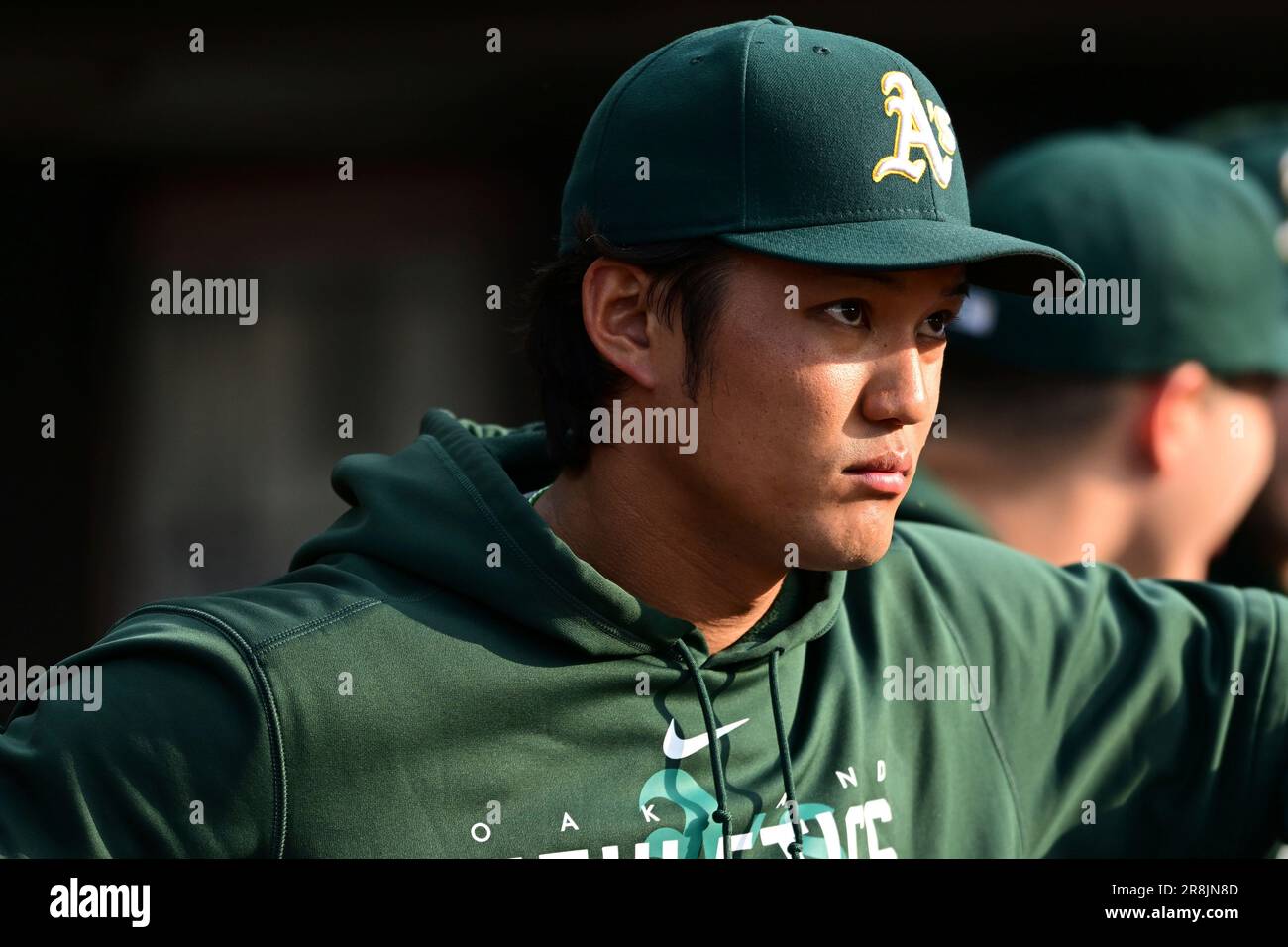 Oakland Athletics relief pitcher Shintaro Fujinami stands in the dugout ...