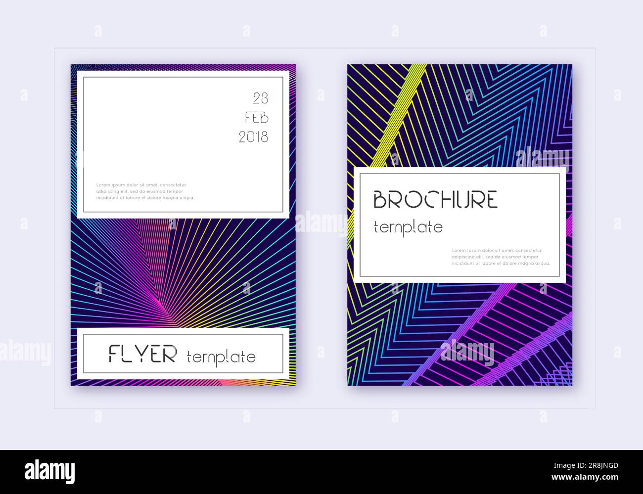 Stylish cover design template set. Rainbow abstract lines on dark blue ...