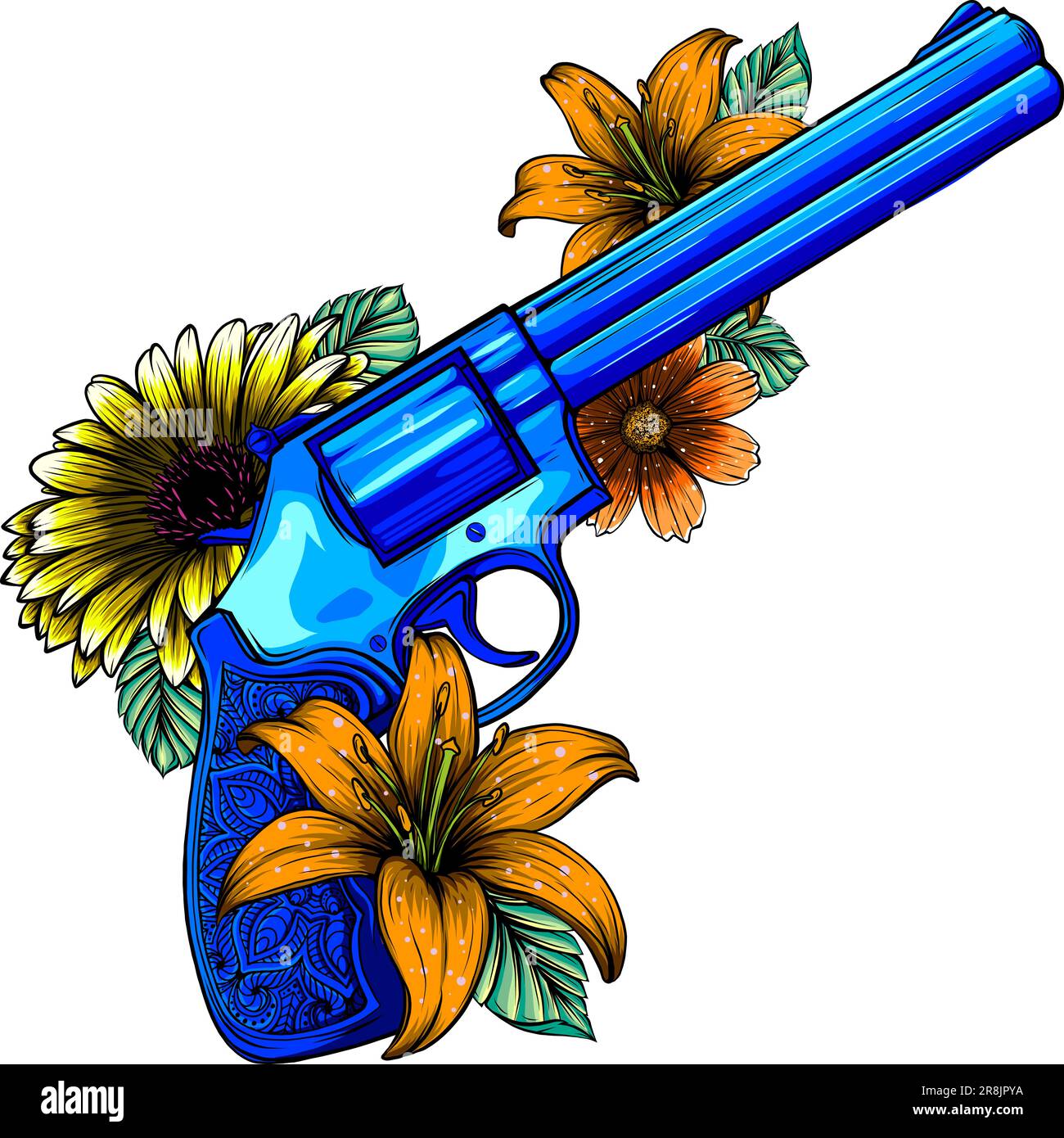 Revolver and flowers vector illustration on white background Stock ...