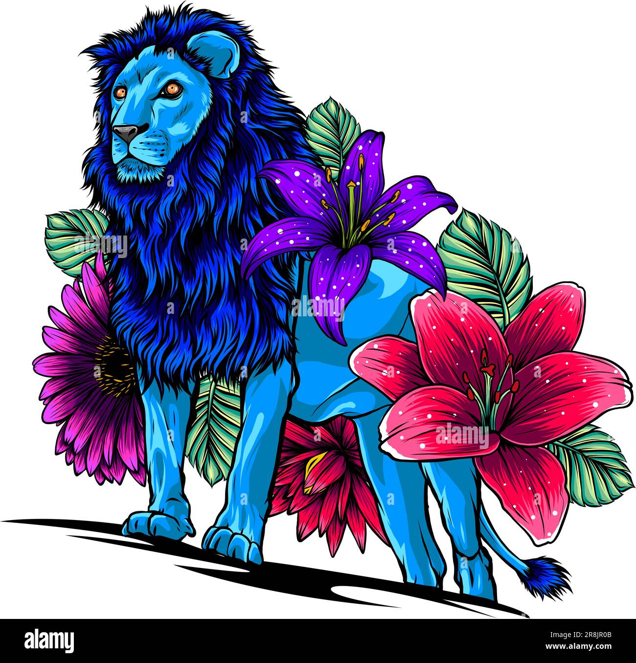 lion with flower vector illustration design on white background ...