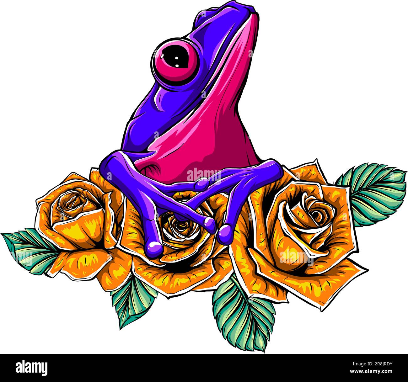 frog on red roses with leaves vector illustration design on white ...