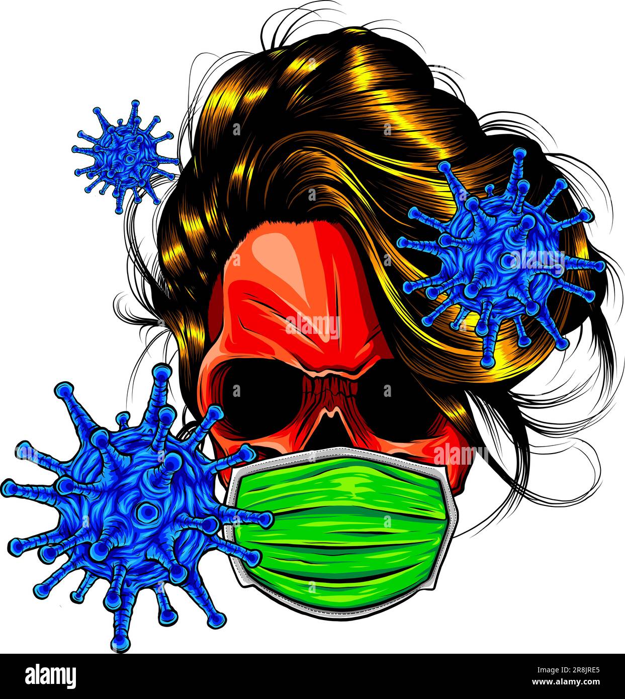Skull face in medical face mask with virus. Vector illustration on ...