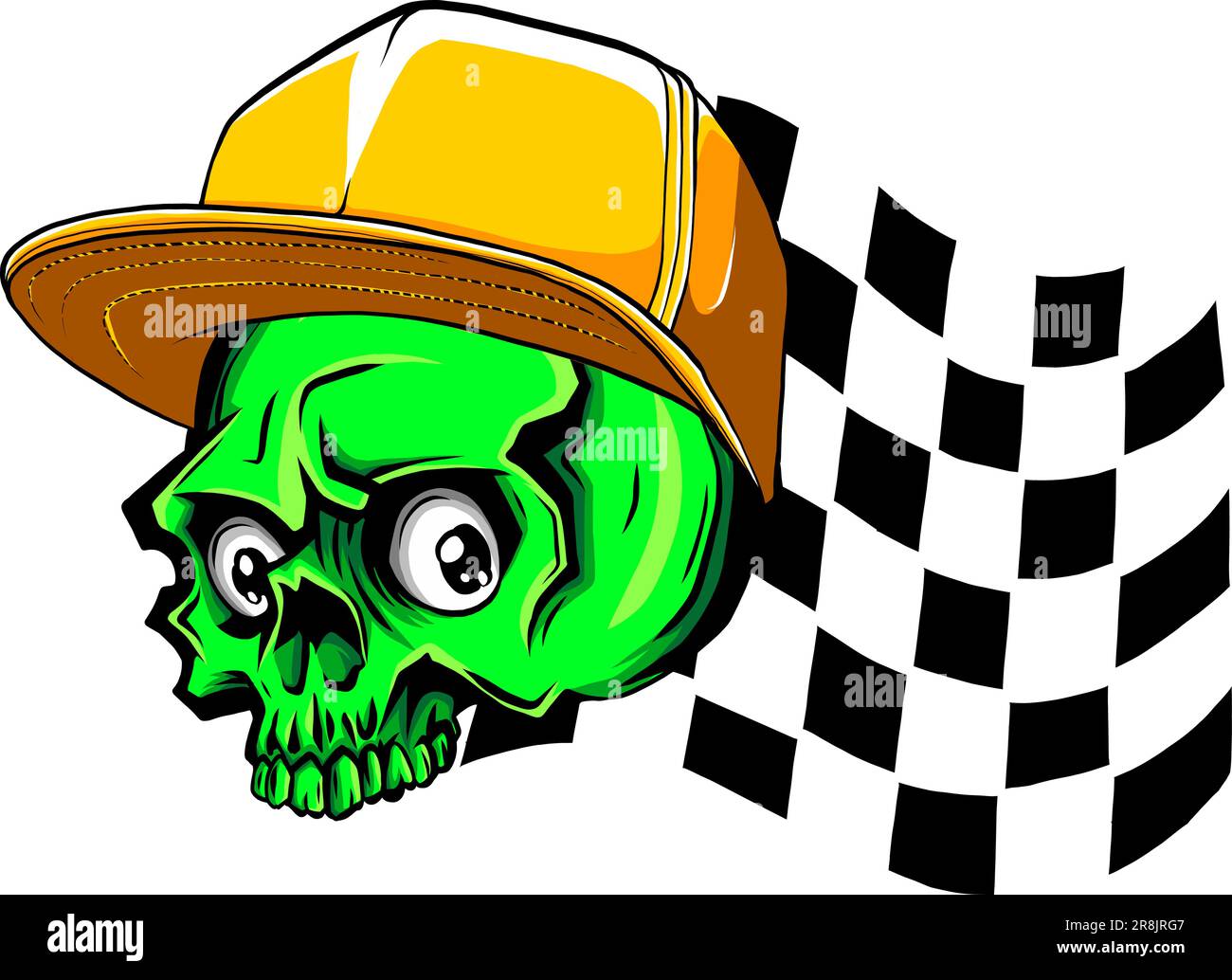 yellow human Skull with race Flag and bonnet vector illustration hand ...