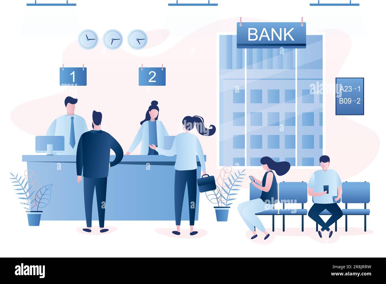 Modern bank office interior.Business people waiting line queue. Bank ...