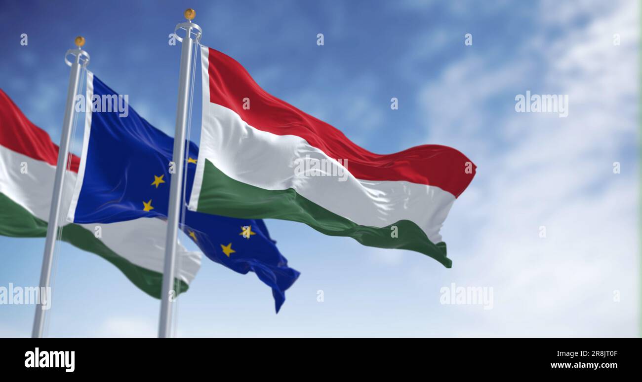 The flags of Hungary and the European Union fluttering together on a ...