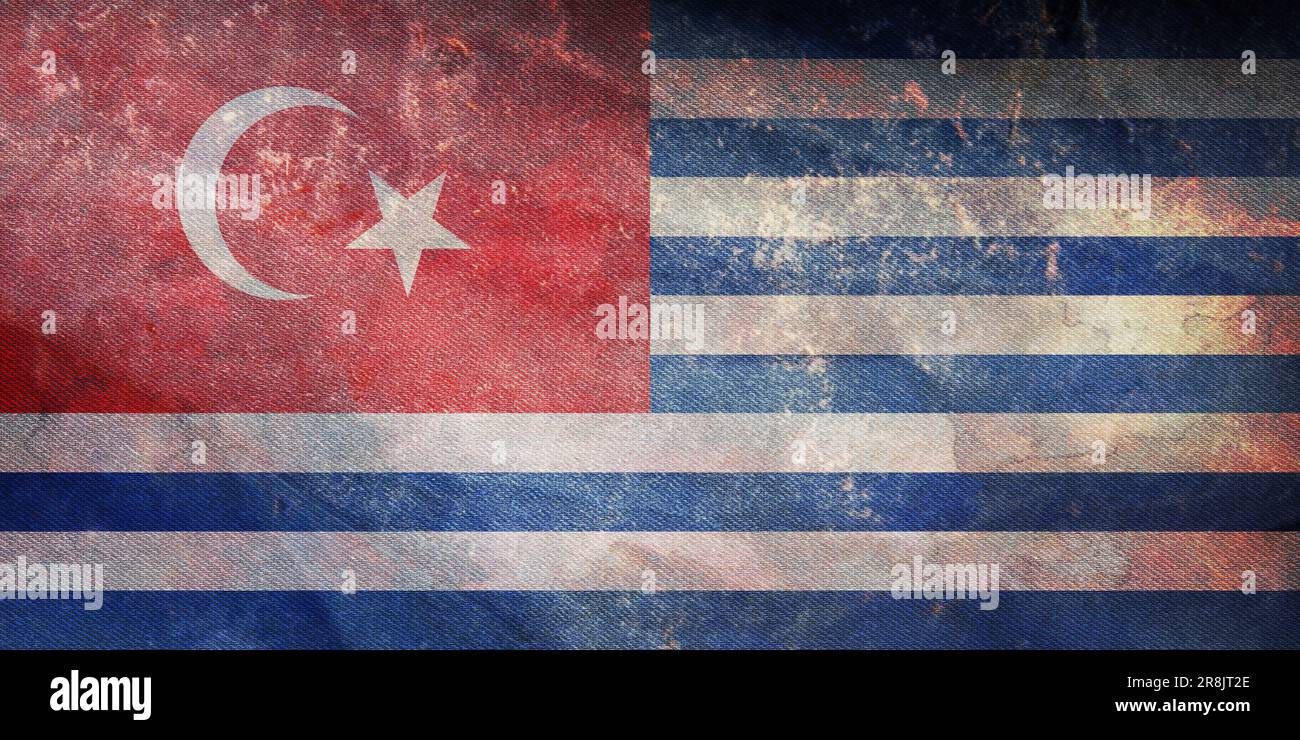 Top view of retro flag 1949 Malaya Flag Proposal 3-new Malaysia with grunge texture. Malaysian ...