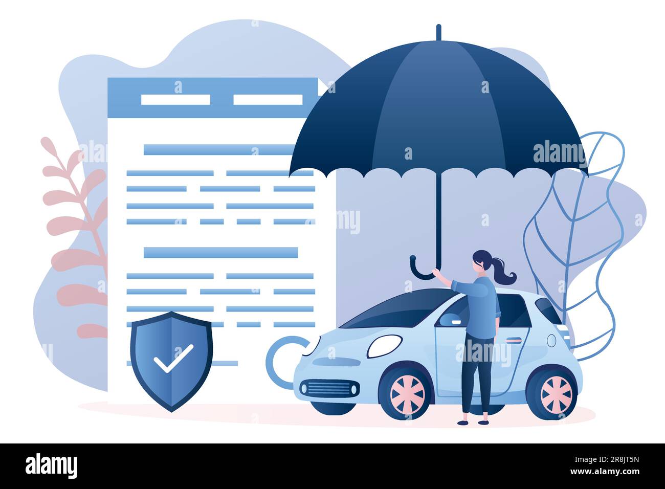 Car insurance concept. Woman hold umbrella, modern car with agreement ...
