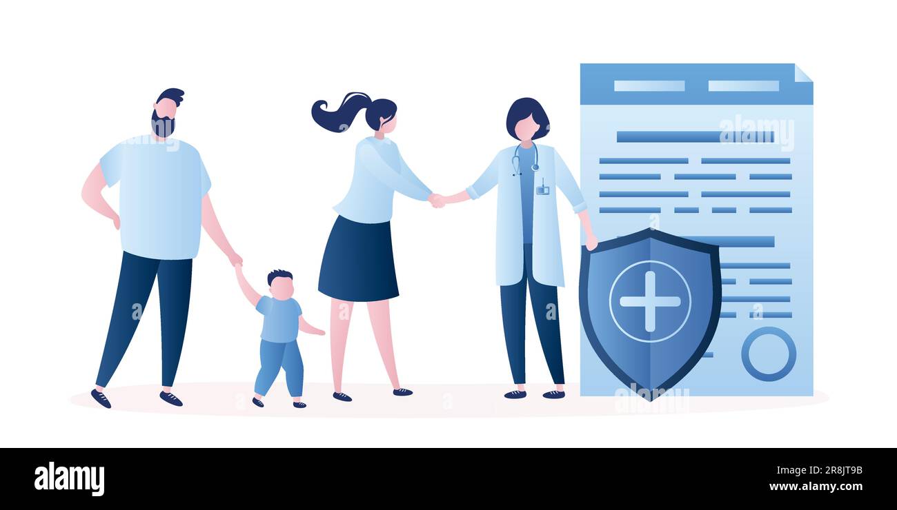 Happy family with kid boy and family doctor. Insurance contract and ...