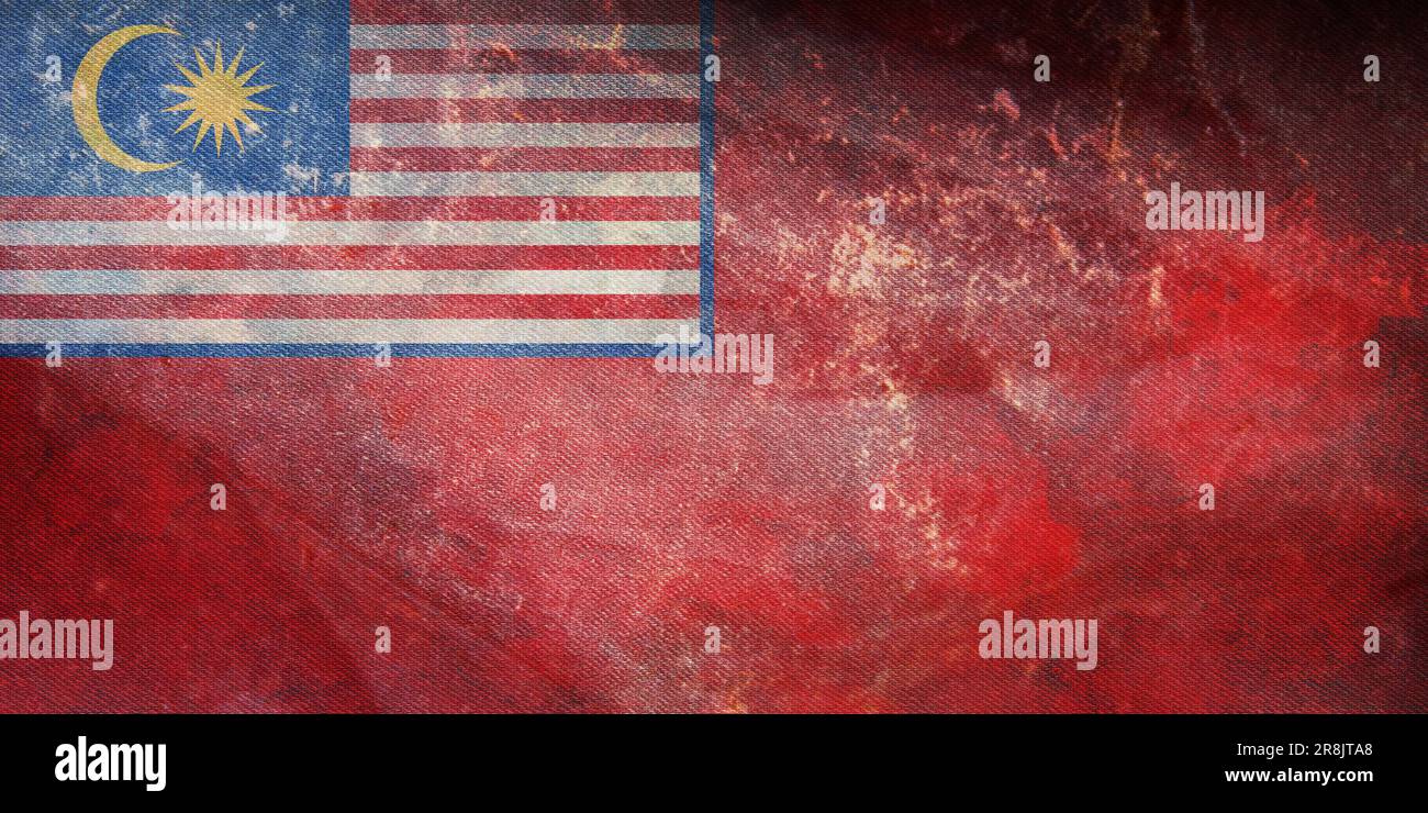 Top view of retro flag Civil Ensign Malaysia with grunge texture. Malaysian travel and patriot ...