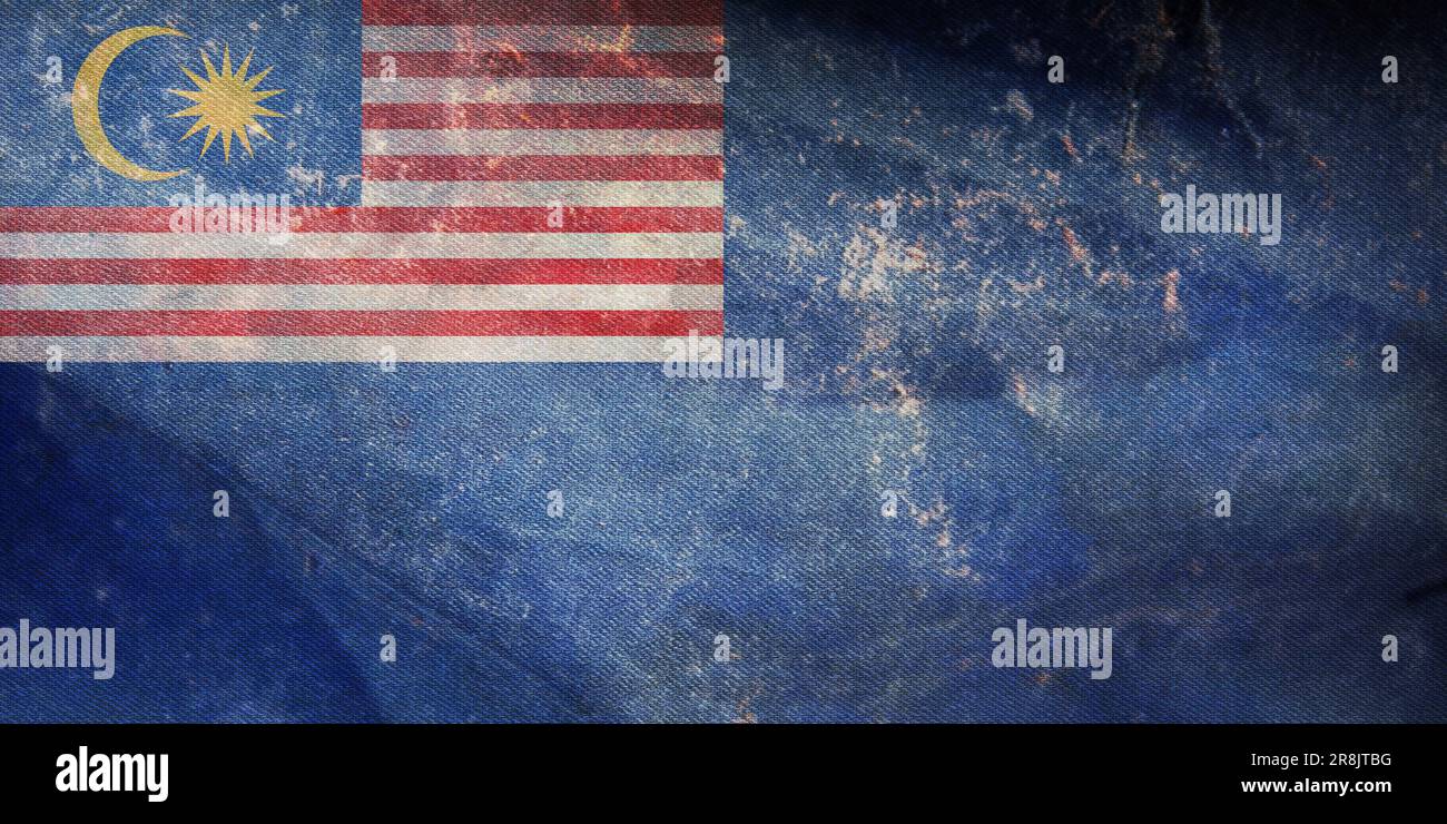 Top view of retro flag Government Ensign Malaysia with grunge texture. Malaysian travel and ...
